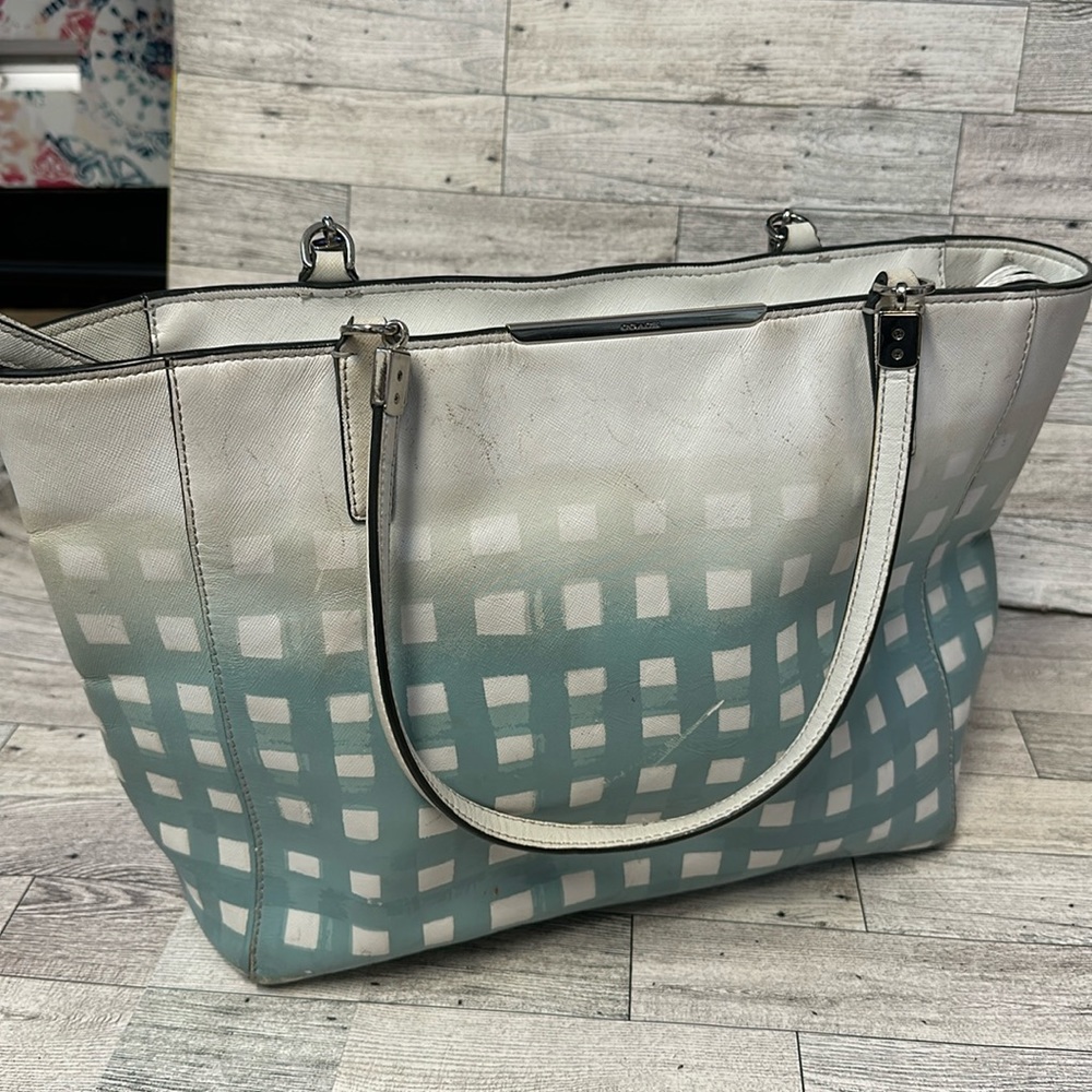 Coach Madison Blue & White Checkered Tote Purse - Gem